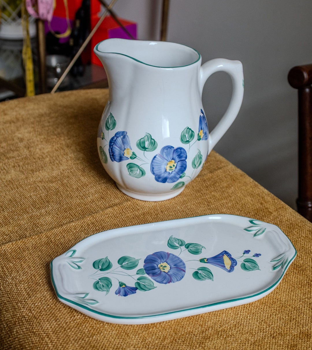 1980s Herend Village Pottery Petunia Flower Pattern Pitcher and Serving ...