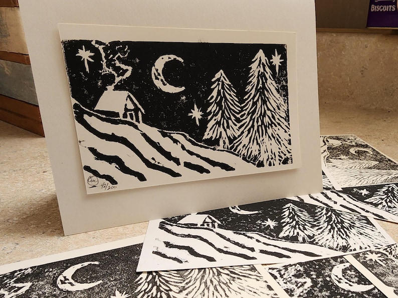 Warm Winter Wishes Linocut Block Print Original Art Note Card ...