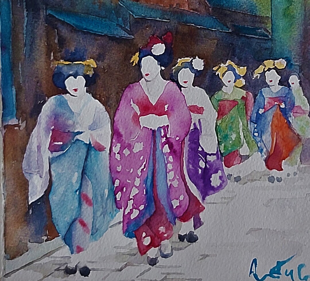 Japanese Scenery Watercolor, Geisha Walk, Geisha Painting, Geisha ...