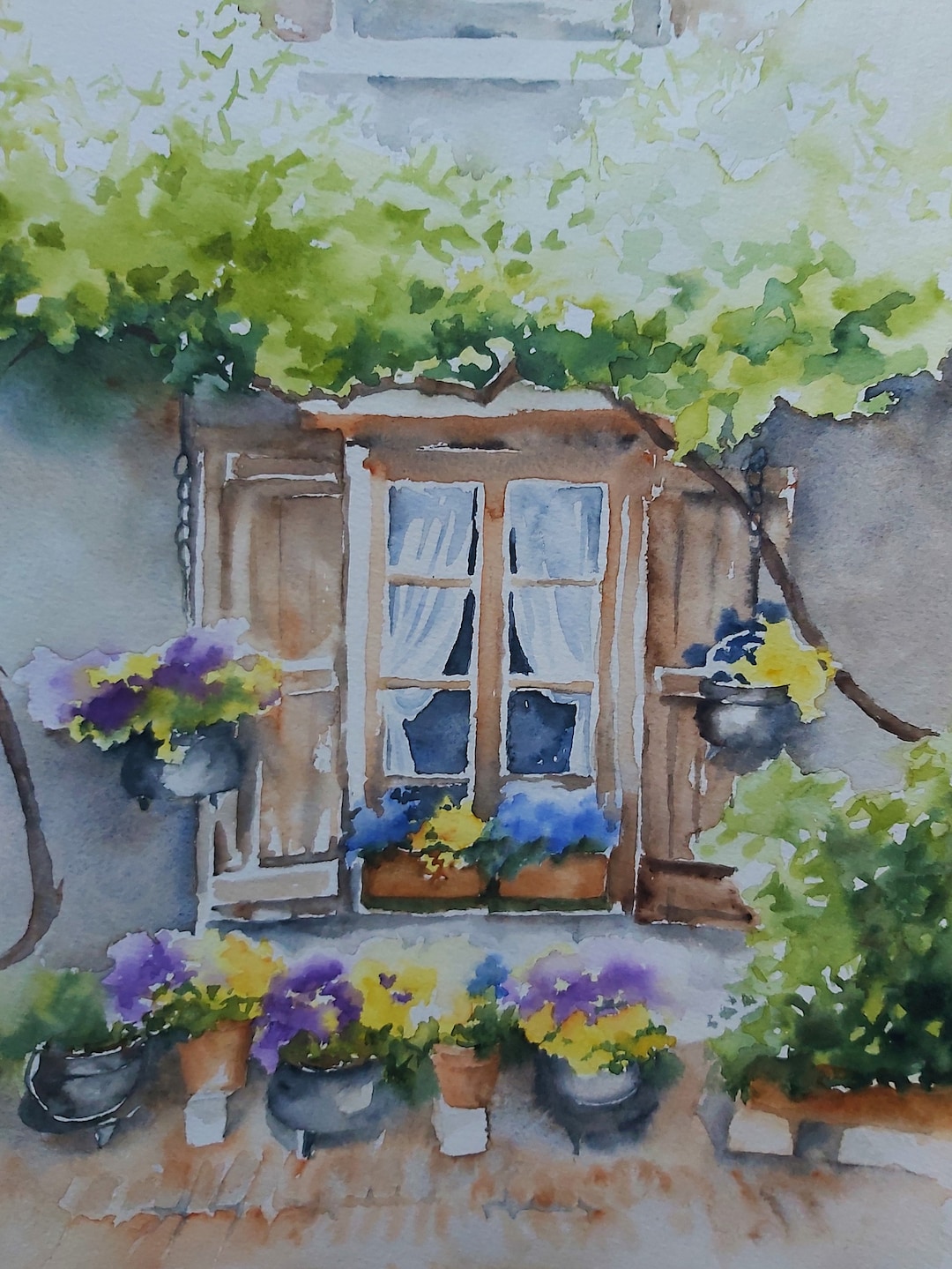 Watercolor of Flowered Window, Watercolor of Flowers, Painting of ...