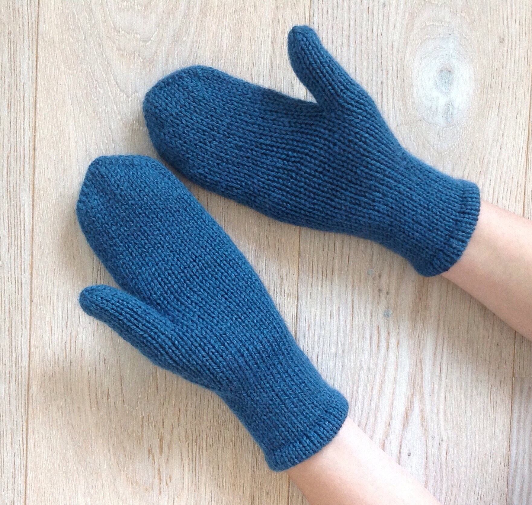 Knitted Wool Mittens Blue Hand Knitted Mittens Warm Winter - Etsy