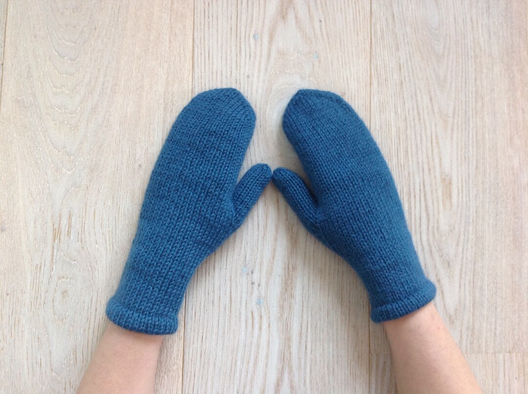 Knitted Wool Mittens Blue Hand Knitted Mittens Warm Winter Mittens ...