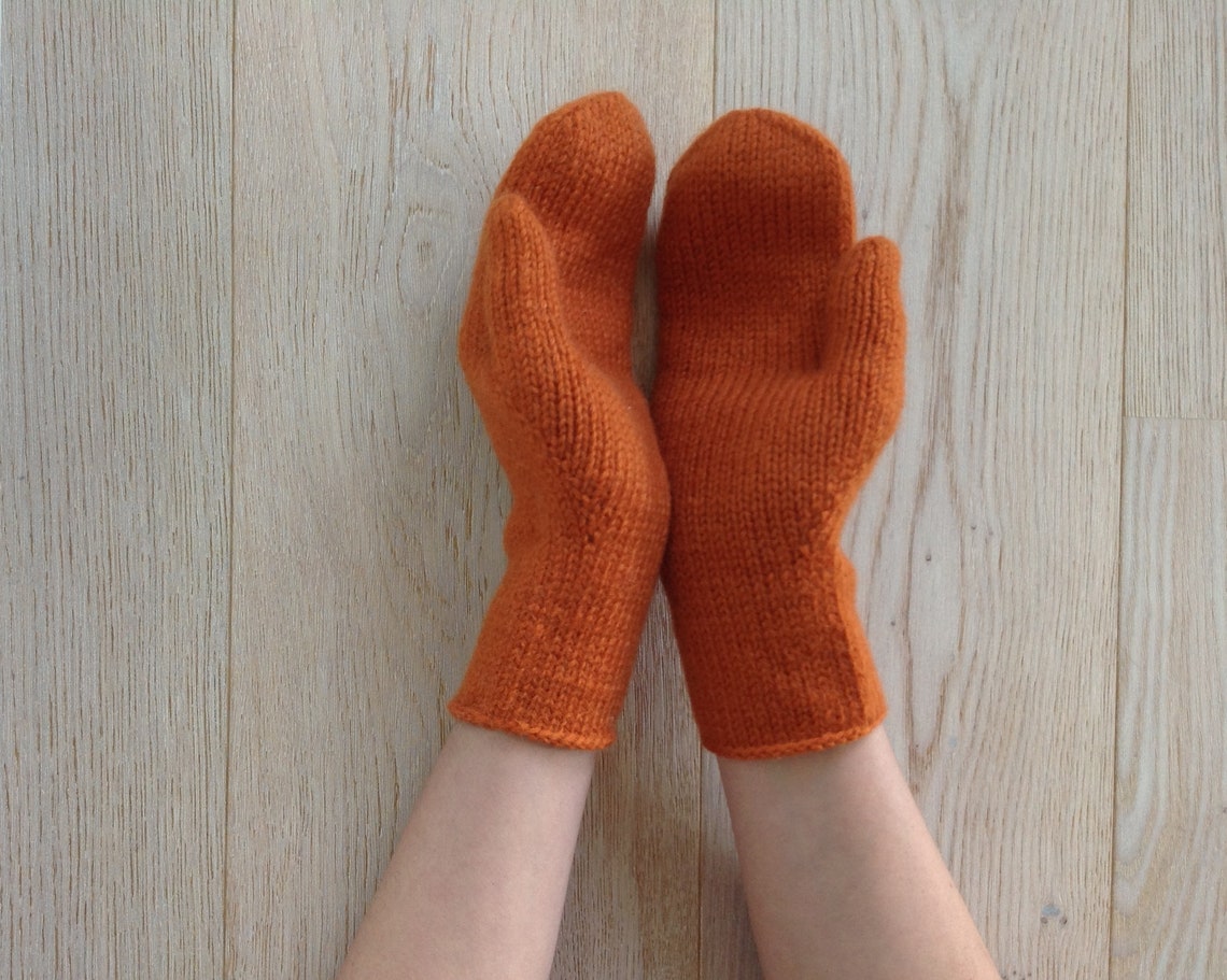 Orange Hand Knitted Mittens Wool Elegant Knited Mittens Women Warm ...