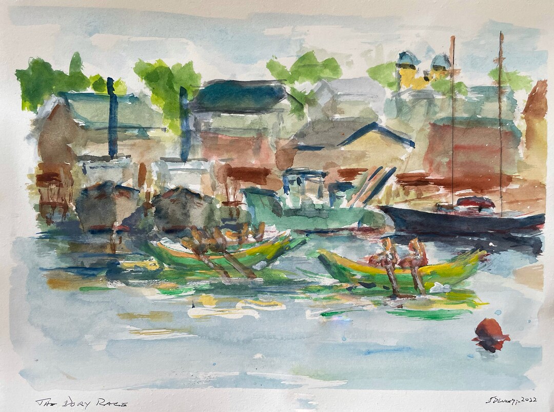 A Dory Race - Original Watercolor Sketch - 9 X 12 - Incl. Mat & Mount ...
