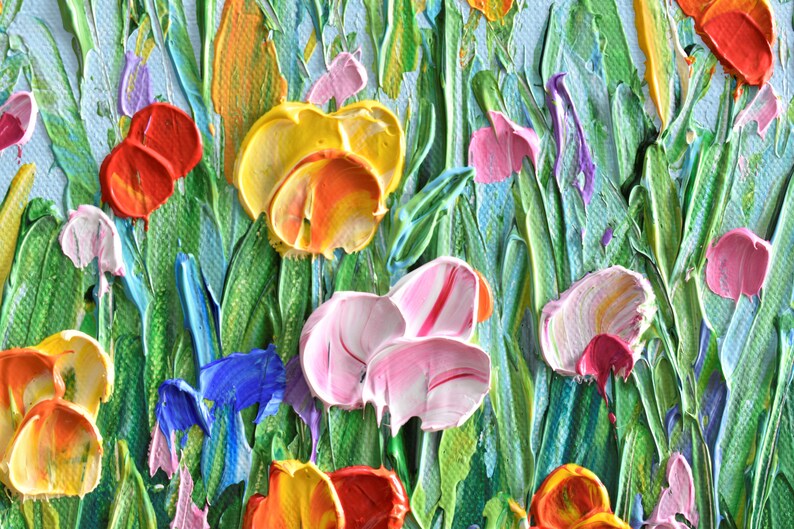 Colorful Textured Flower Field Painting, Wildflower Meadow Landscape ...