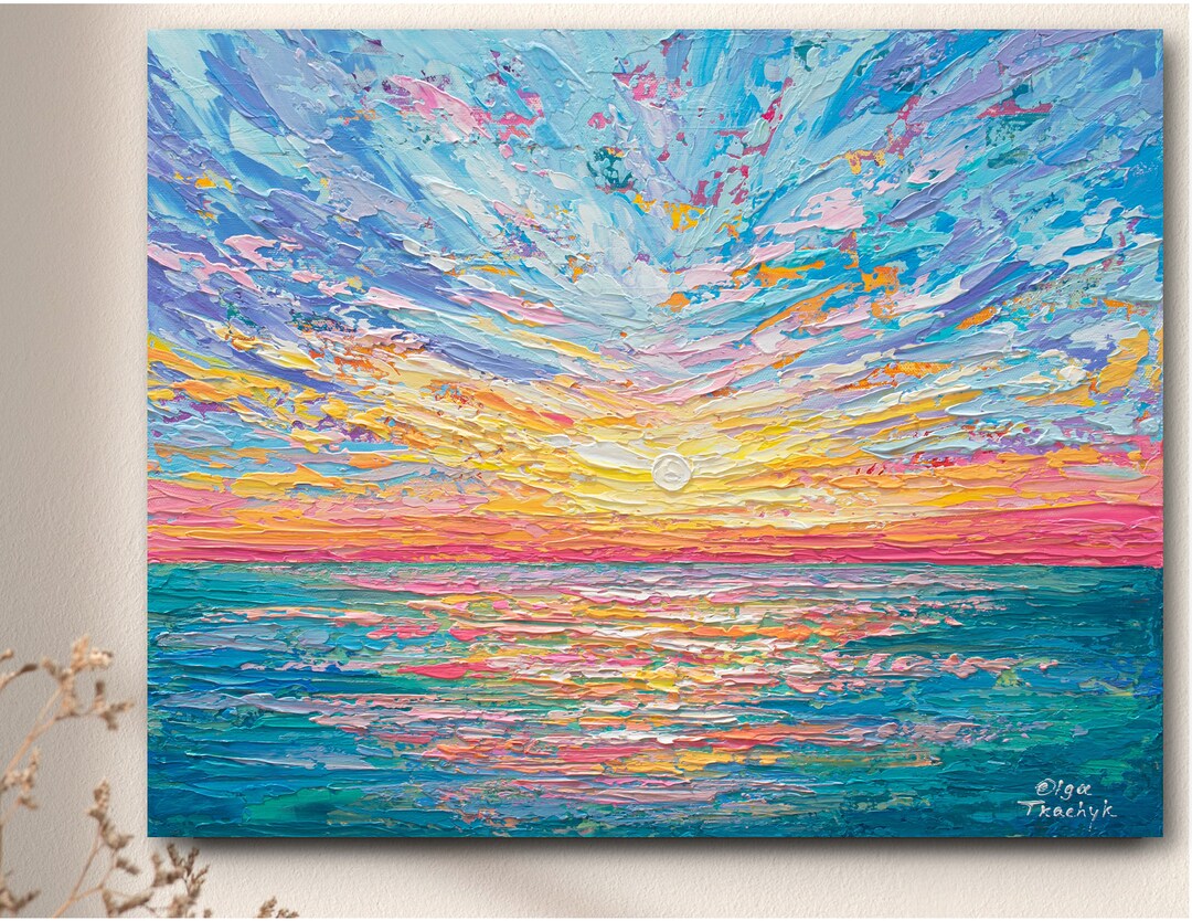 Ocean Sunrise Painting Print on Canvas or Paper, Colorful Seascape Wall ...