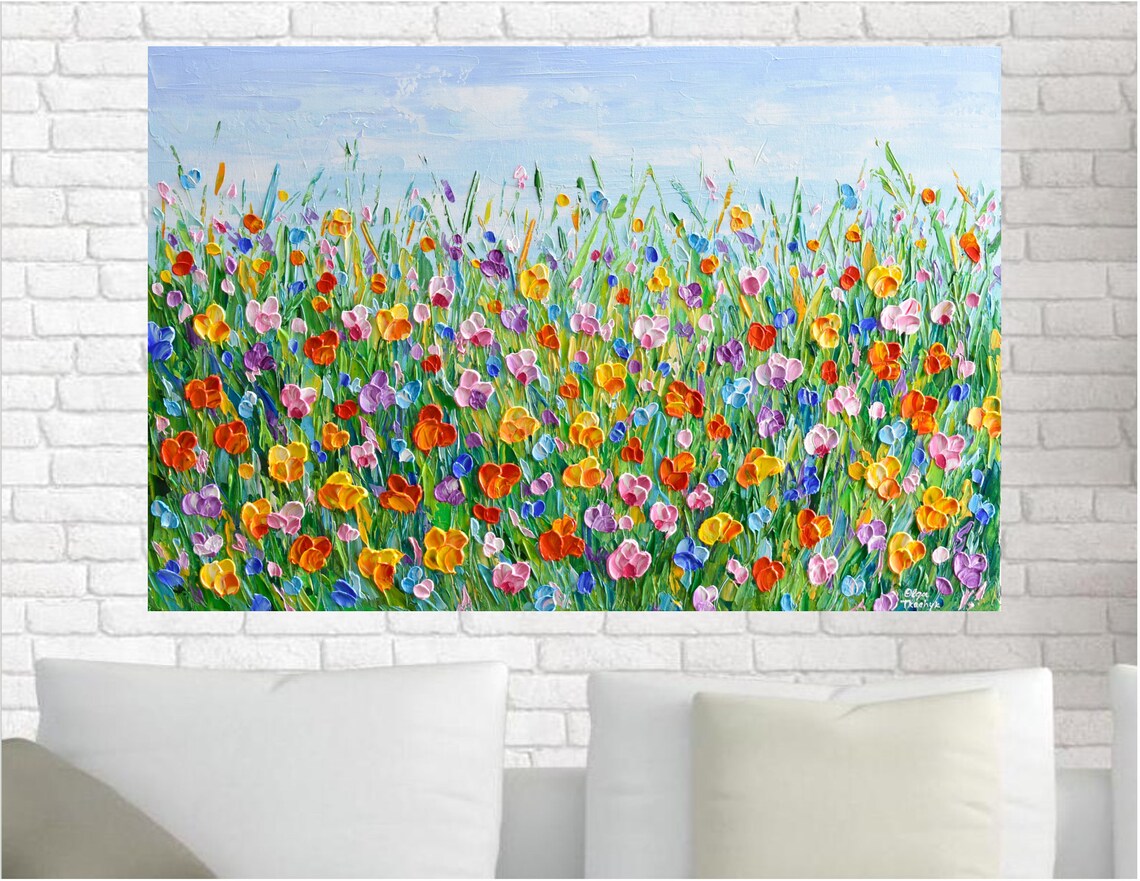 Colorful Textured Flower Field Painting, Wildflower Meadow Landscape ...