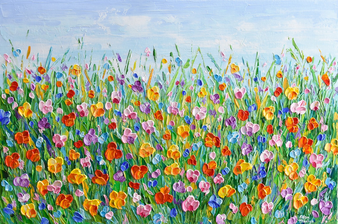 Colorful Textured Flower Field Painting, Wildflower Meadow Landscape ...