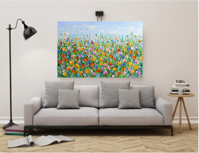Colorful Textured Flower Field Painting, Wildflower Meadow Landscape ...
