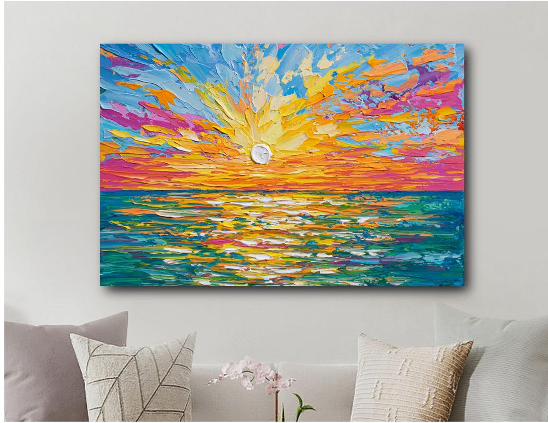 Vivid Sunset Painting PRINT, Large Seascape Canvas Artwork, Coastal ...