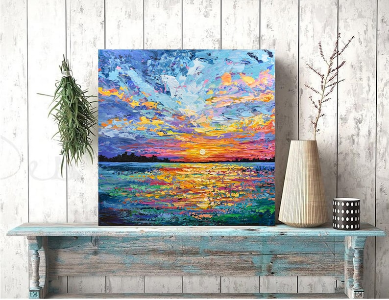 Colorful Sunset PRINT, Bright Sky Seascape Impressionist Palette Knife ...