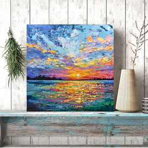 Sunset Art Print of Impressionist Ocean Painting, Colorful Seascape ...