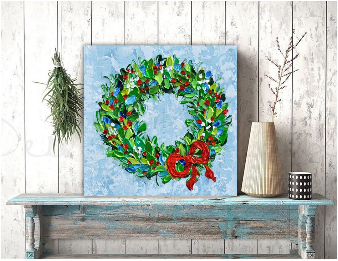 Christmas Wreath Art Print: Holiday Wall Decor, Giclee on Canvas - Etsy