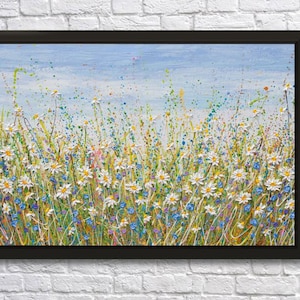 Daisy Field Painting PRINT, Summer Wildflower Landscape Wall Art Decor ...
