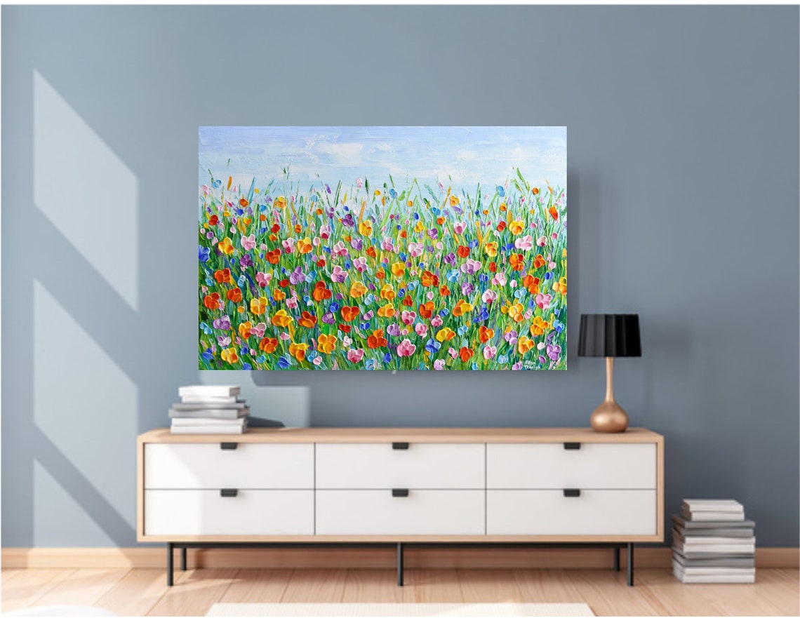 Colorful Textured Flower Field Painting, Wildflower Meadow Landscape ...