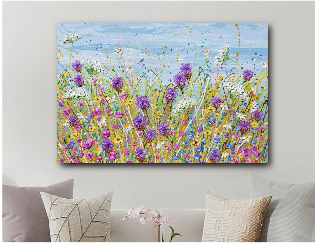 Wildflowers Canvas Wall Art, Summer Purple Flowers Field Painting Print, Large Floral Wall Decor ...