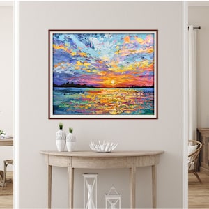 Sunset Art Print of Impressionist Ocean Painting, Colorful Seascape ...