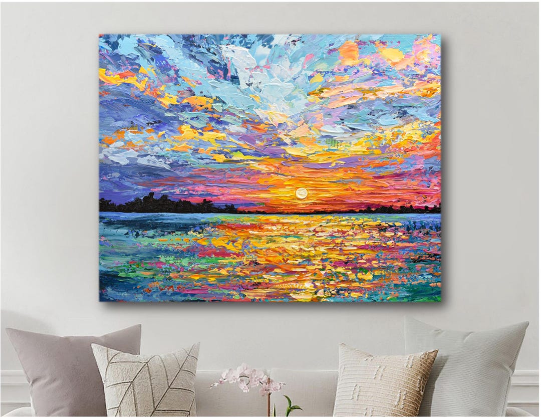 Sunset Art Print of Impressionist Ocean Painting, Colorful Seascape ...