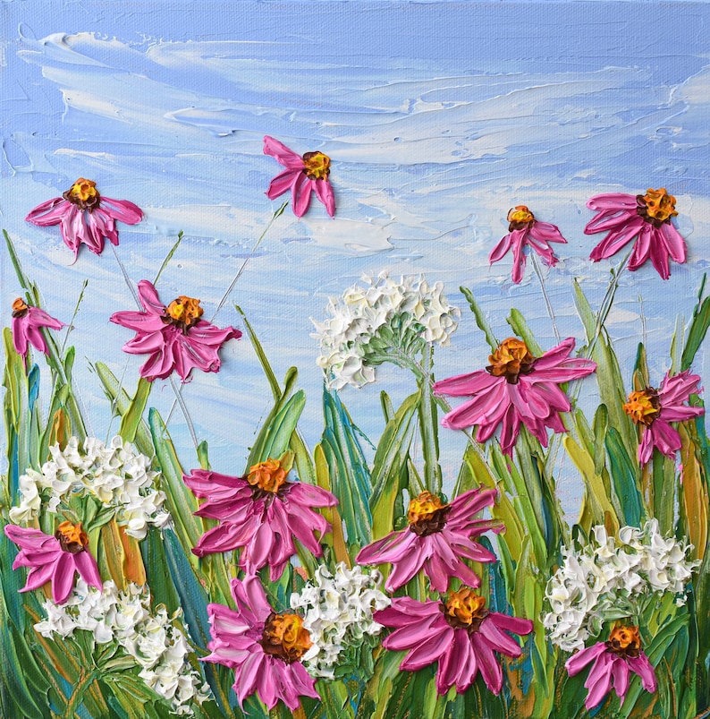 Pink Echinacea Painting, Flower Field Large Original Artwork, Textured ...