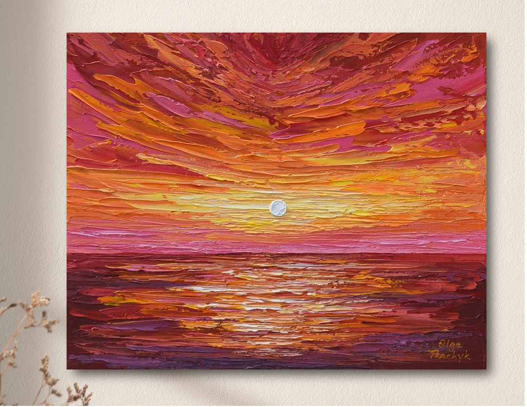 Warm Sunset Painting Handmade, Impasto Palette Knife Ocean Seascape ...