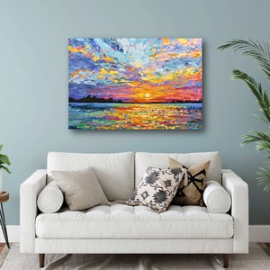 Sunset Art Print of Impressionist Ocean Painting, Colorful Seascape ...