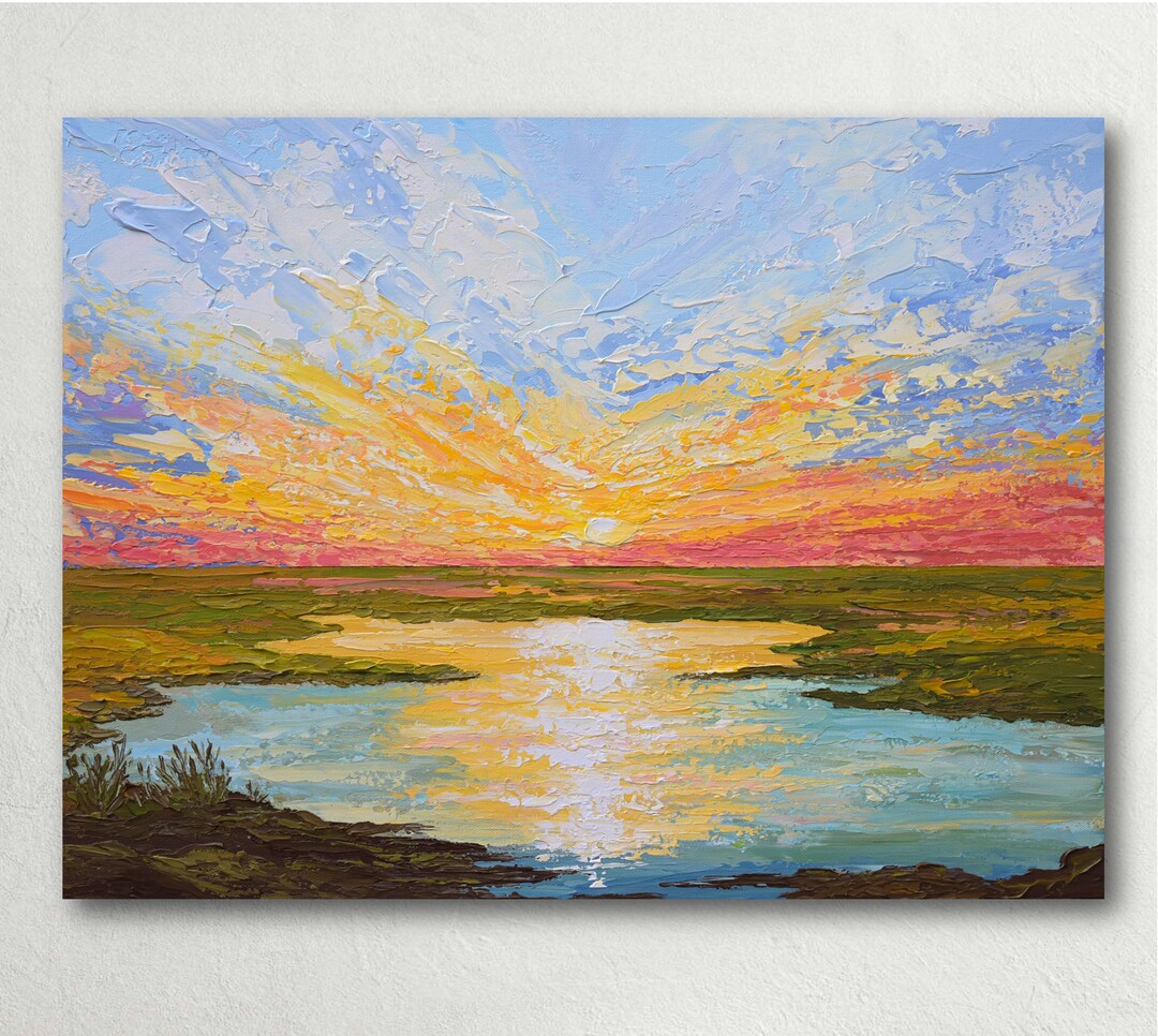 Sunset Over Marsh Original Painting on Canvas, Colorful Impressionism ...