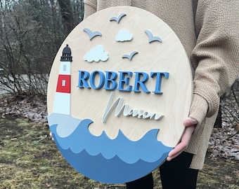 Lighthouse Name Sign, Nautical Nursery Theme, Round 3D Nursery Name ...