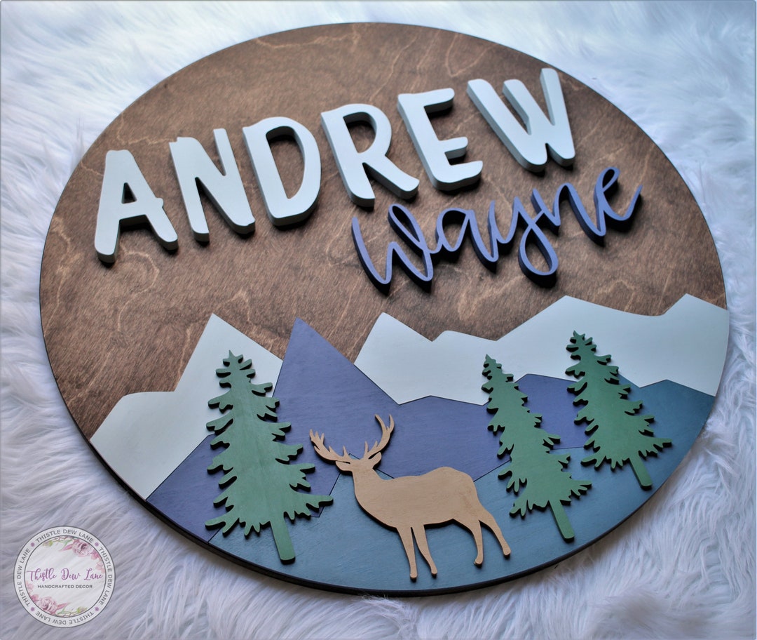 Mountain Scene Name Sign, Woodland Nursery Theme, Round 3D Nursery Name ...