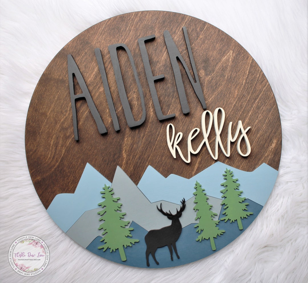 Mountain Scene Name Sign, Woodland Nursery Theme, Round 3D Nursery Name ...