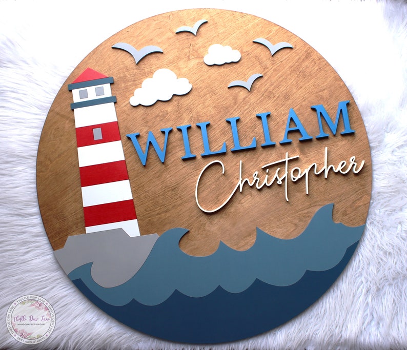 Lighthouse Theme Name Sign Nautical Nursery Theme Round 3D - Etsy