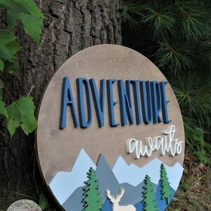 Mountain Scene Name Sign, Woodland Nursery Theme, Round 3D Nursery Name ...