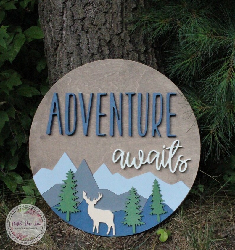 Mountain Scene Name Sign, Woodland Nursery Theme, Round 3D Nursery Name ...