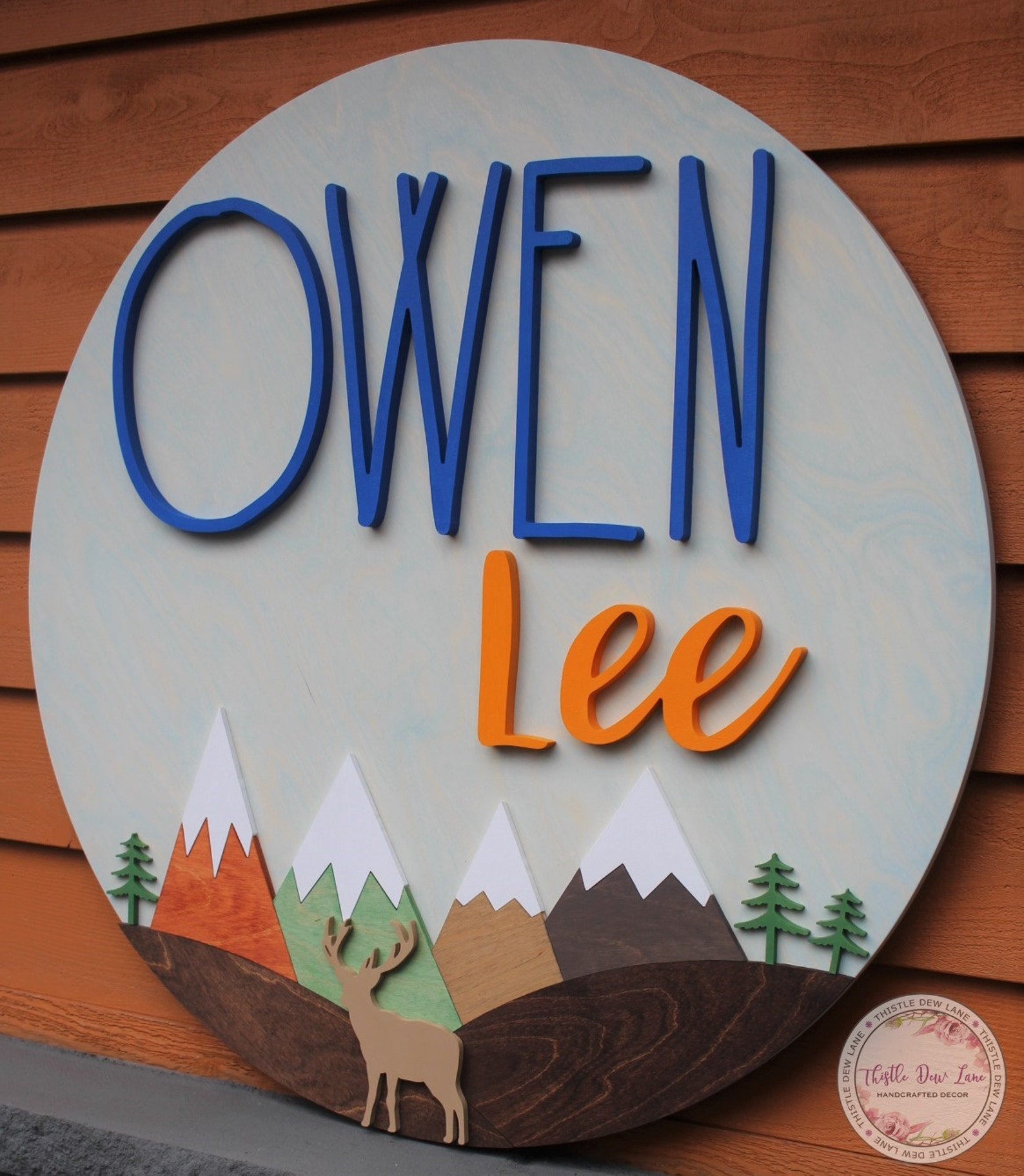 Mountain Scene Name Sign, Woodland Nursery Theme, Round 3D Nursery Name ...
