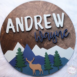 Mountain Scene Name Sign, Woodland Nursery Theme, Round 3D Nursery Name ...
