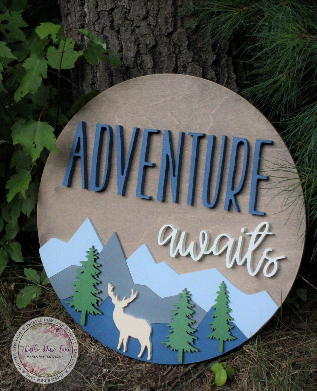 Mountain Scene Name Sign, Woodland Nursery Theme, Round 3D Nursery Name ...