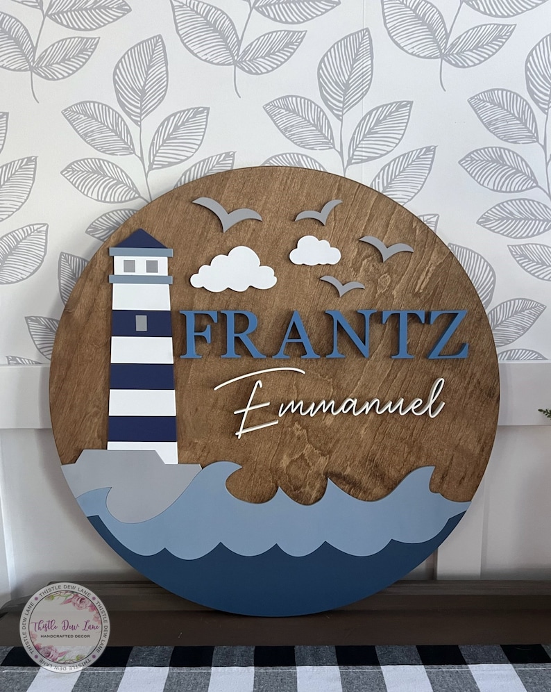 Lighthouse Name Sign, Nautical Nursery Theme, Round 3D Nursery Name ...