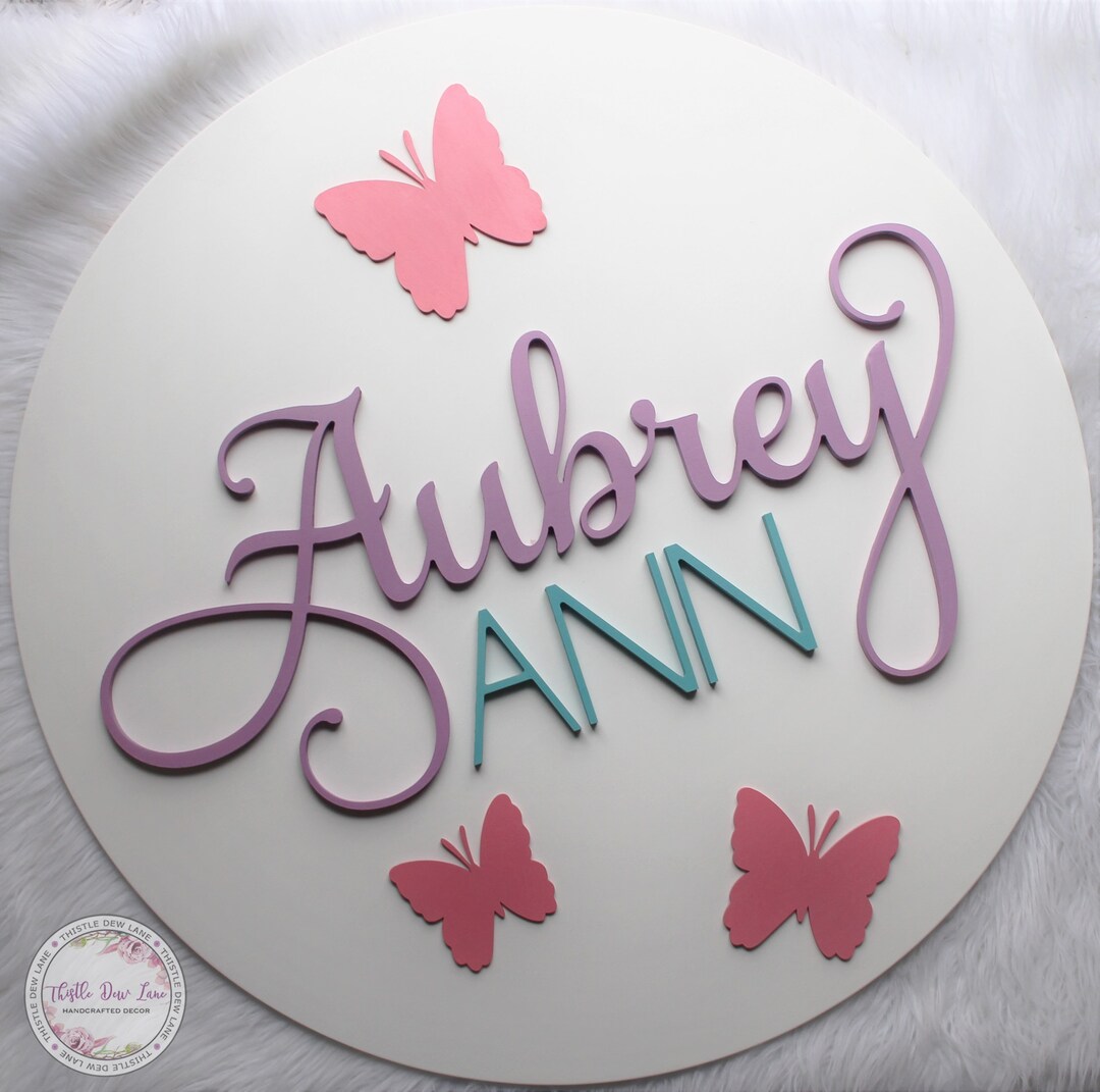 Custom Name Sign, Butterfly Round Name Sign, 3D Nursery Name Sign ...