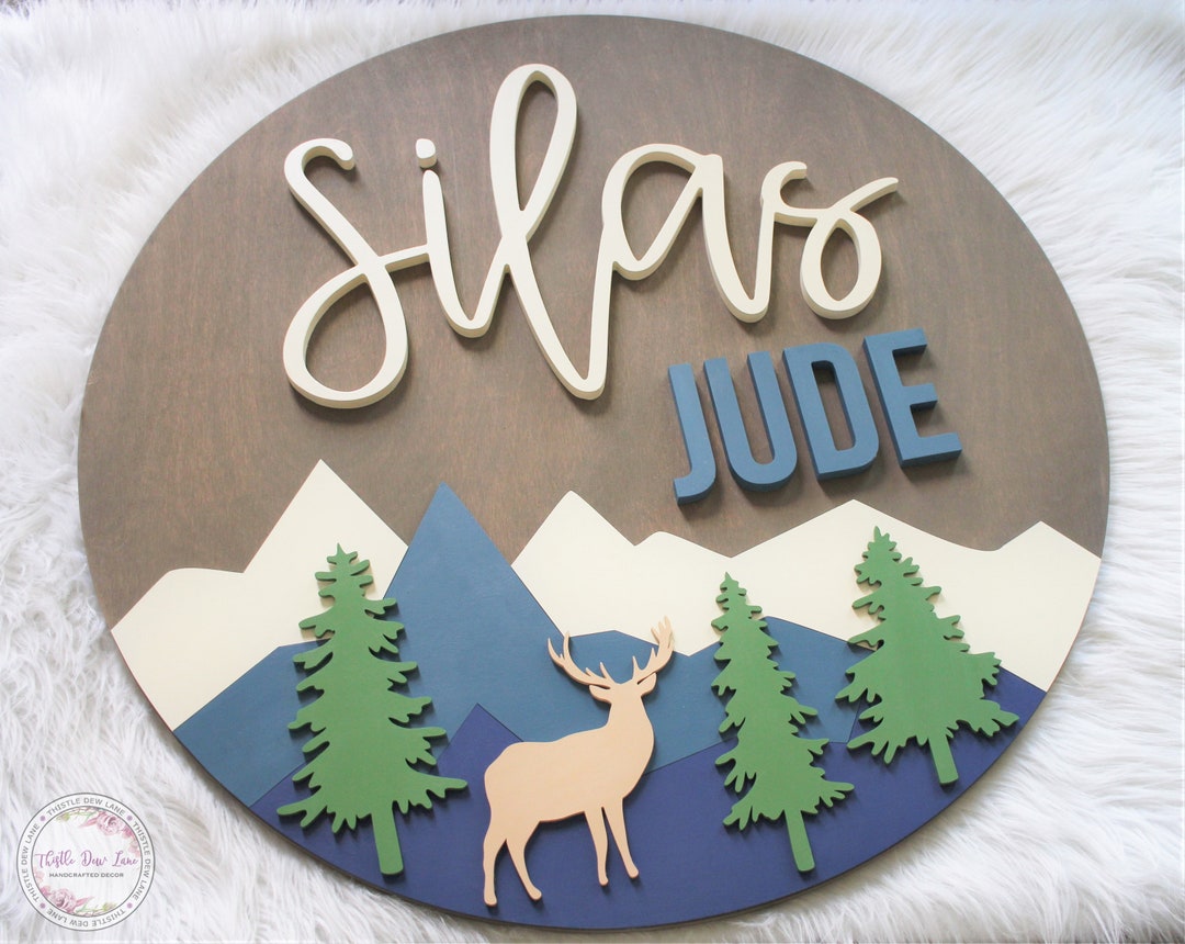 Mountain Scene Name Sign, Woodland Nursery Theme, Round 3D Nursery Name ...