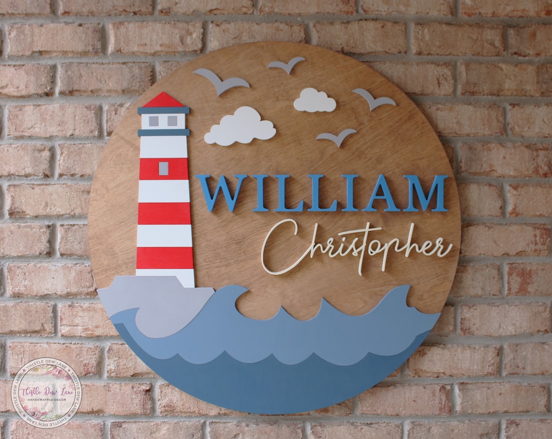 Lighthouse Theme Name Sign, Nautical Nursery Theme, Round 3D Nursery ...