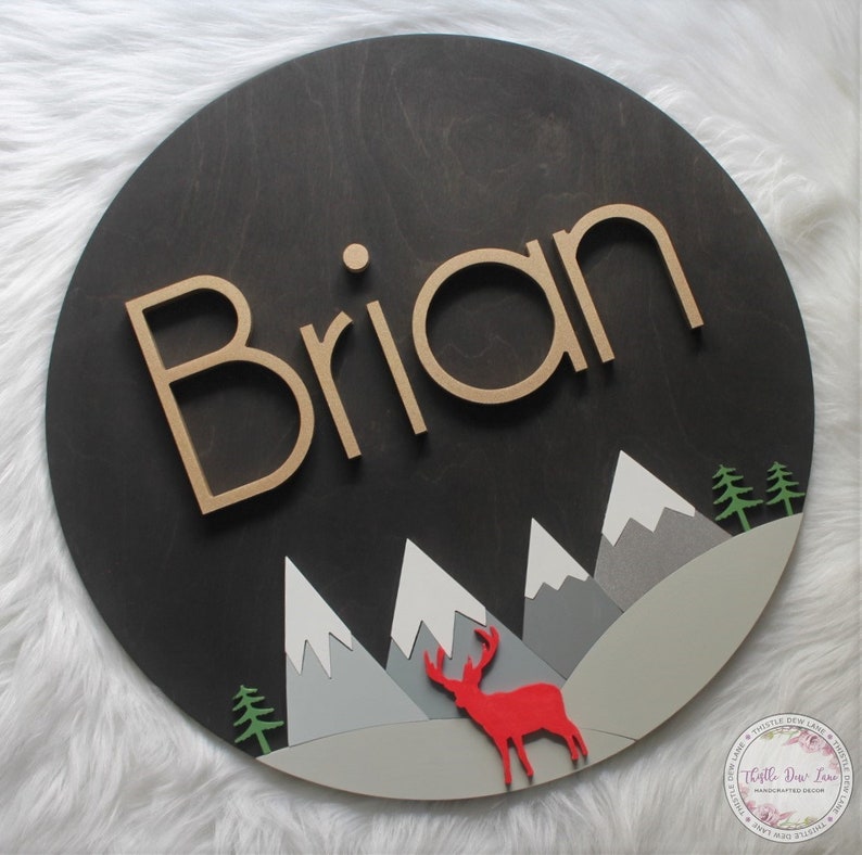 Mountain Scene Name Sign Woodland Nursery Theme Round 3D - Etsy