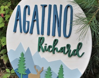 Mountain Scene Name Sign Woodland Nursery Theme Round 3D | Etsy