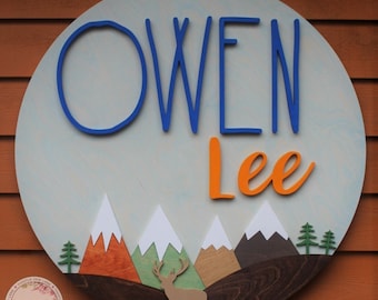 Mountain Scene Name Sign Woodland Nursery Theme Round 3D | Etsy