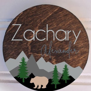 Mountain Scene Name Sign, Woodland Nursery Theme, Round 3D Nursery Name ...