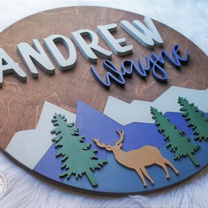 Mountain Scene Name Sign, Woodland Nursery Theme, Round 3D Nursery Name ...