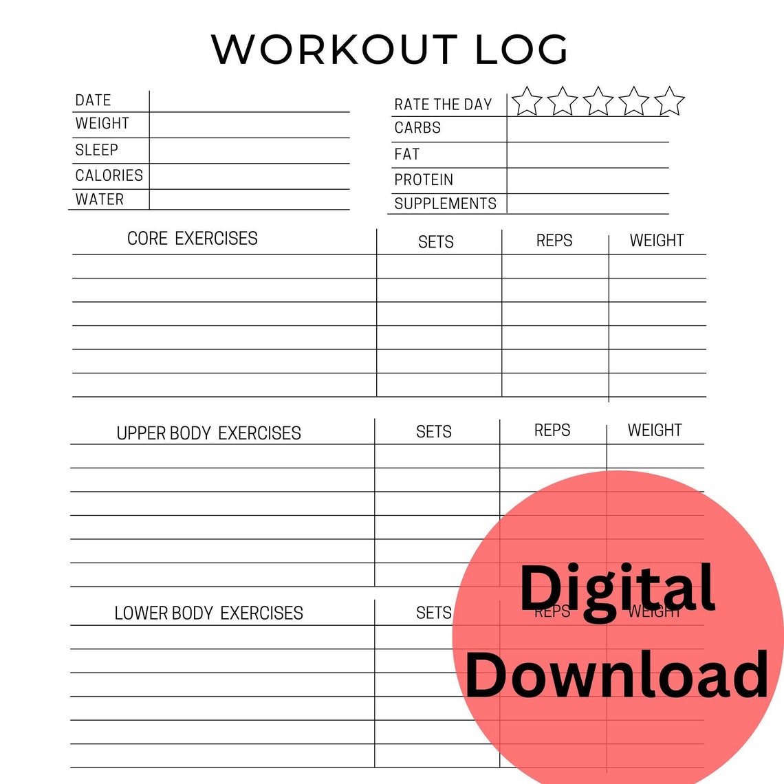 PDF Printable Workout Log, Simple Fitness Printable, Minimalist Workout ...