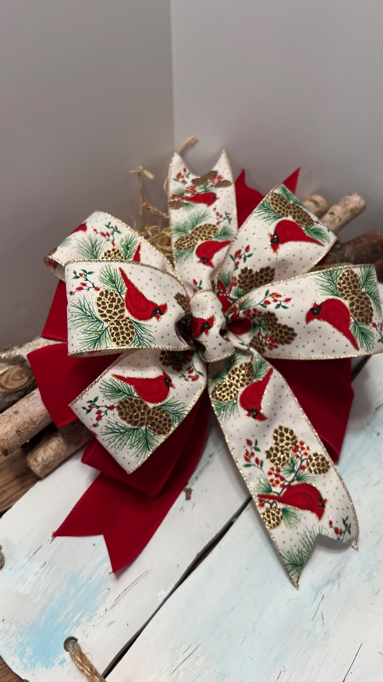 Christmas Cardinal Print Bow, Red Velvet Wired Ribbon - Etsy