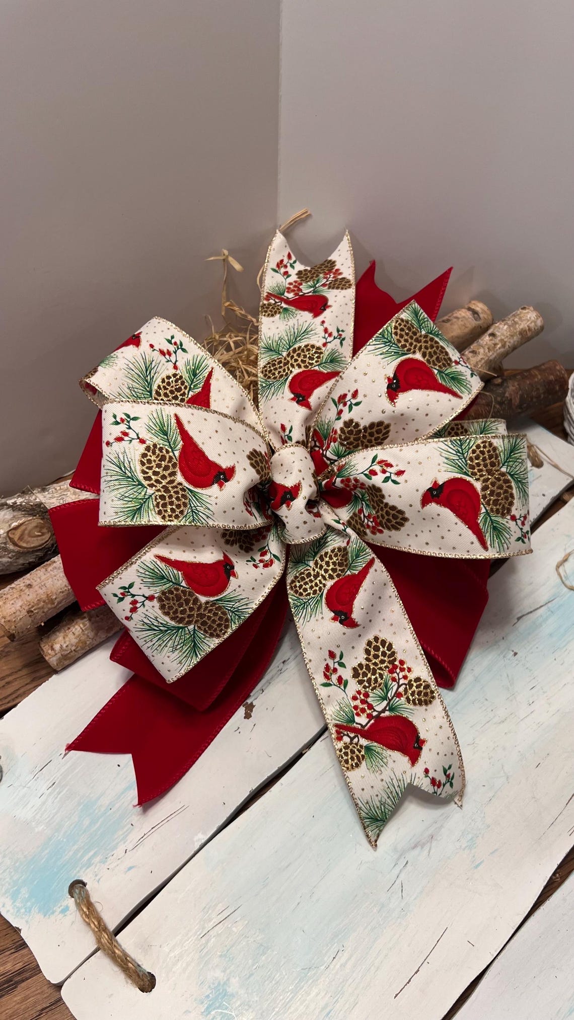 Christmas Cardinal Print Bow, Red Velvet Wired Ribbon - Etsy