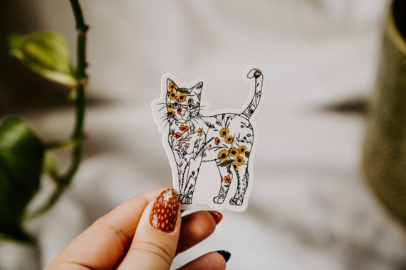 Floral Cat Vinyl Sticker | Etsy
