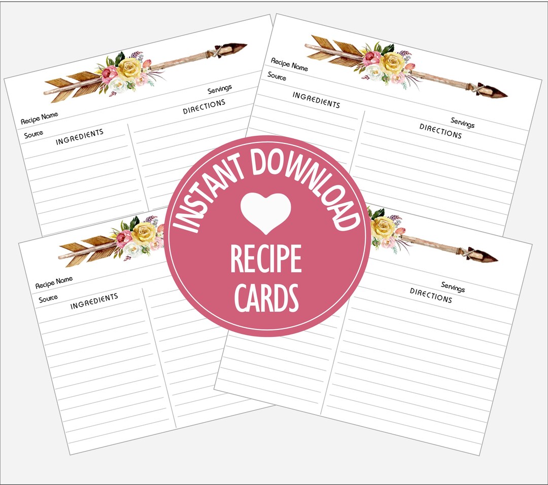 Floral Arrow Recipe Cards, Printable Avery Template (digital Download ...