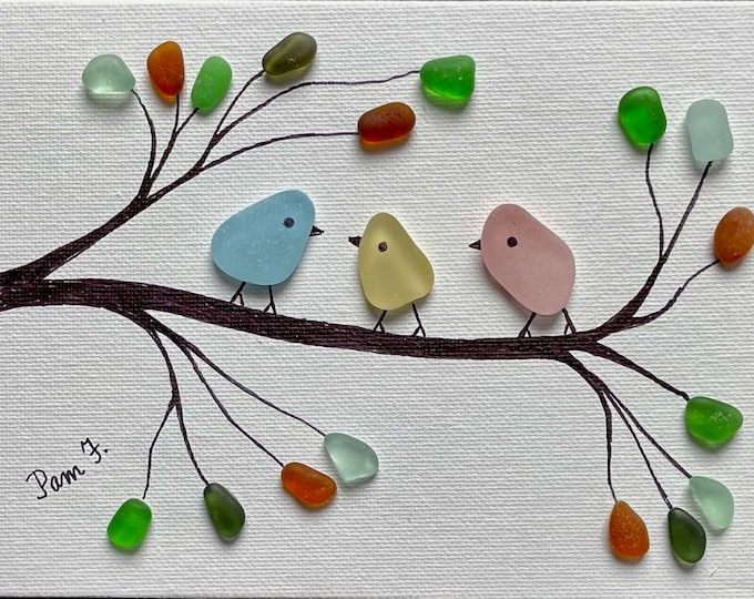 Sea Glass Bird Art Framed Artwork Bird On Branch Picture Etsy